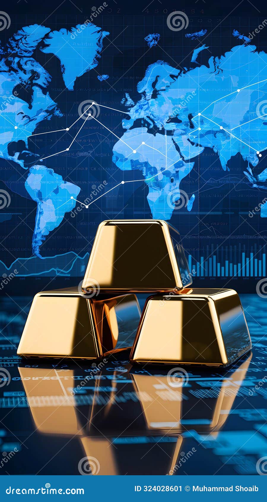 World Map with Data Points, Graphs, and Stacked Reflective Gold Bars ...