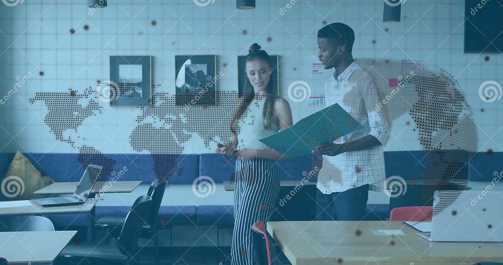 World Map and Data Points Image Over Diverse Colleagues Discussing in ...