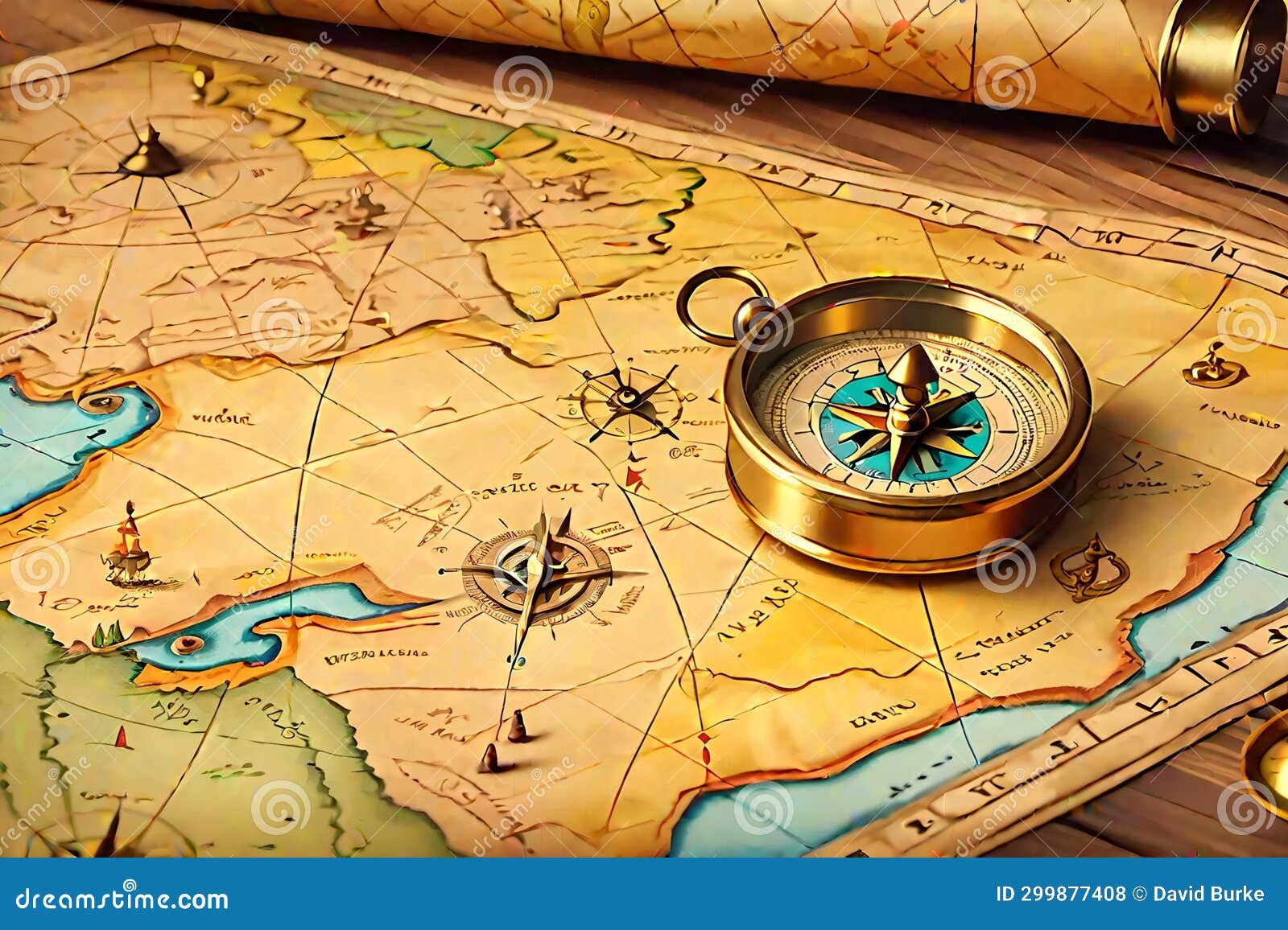 World Map Desktop Worn Rolled Brass Compass Stock Illustration ...