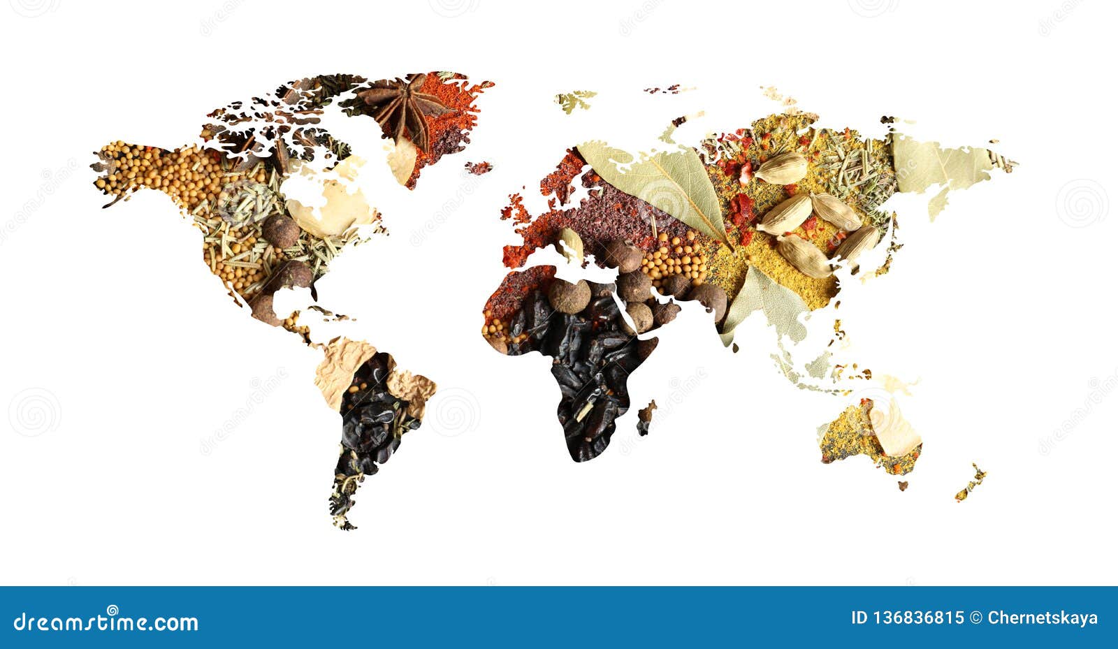 World Map of Different Aromatic Spices on White Background. Stock Image ...
