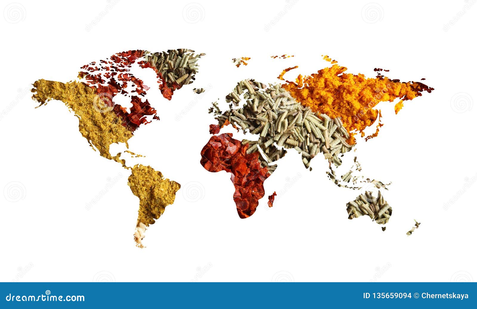 World Map of Different Aromatic Spices on White Background. Stock Photo ...