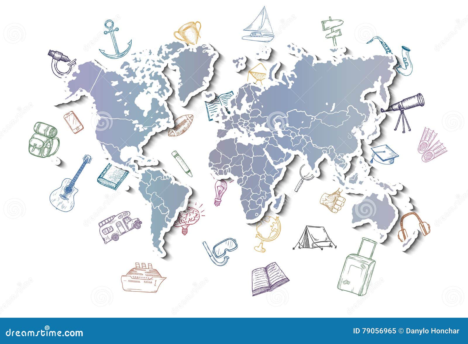 World Map with Different Doodles about Travel, Education and Science ...