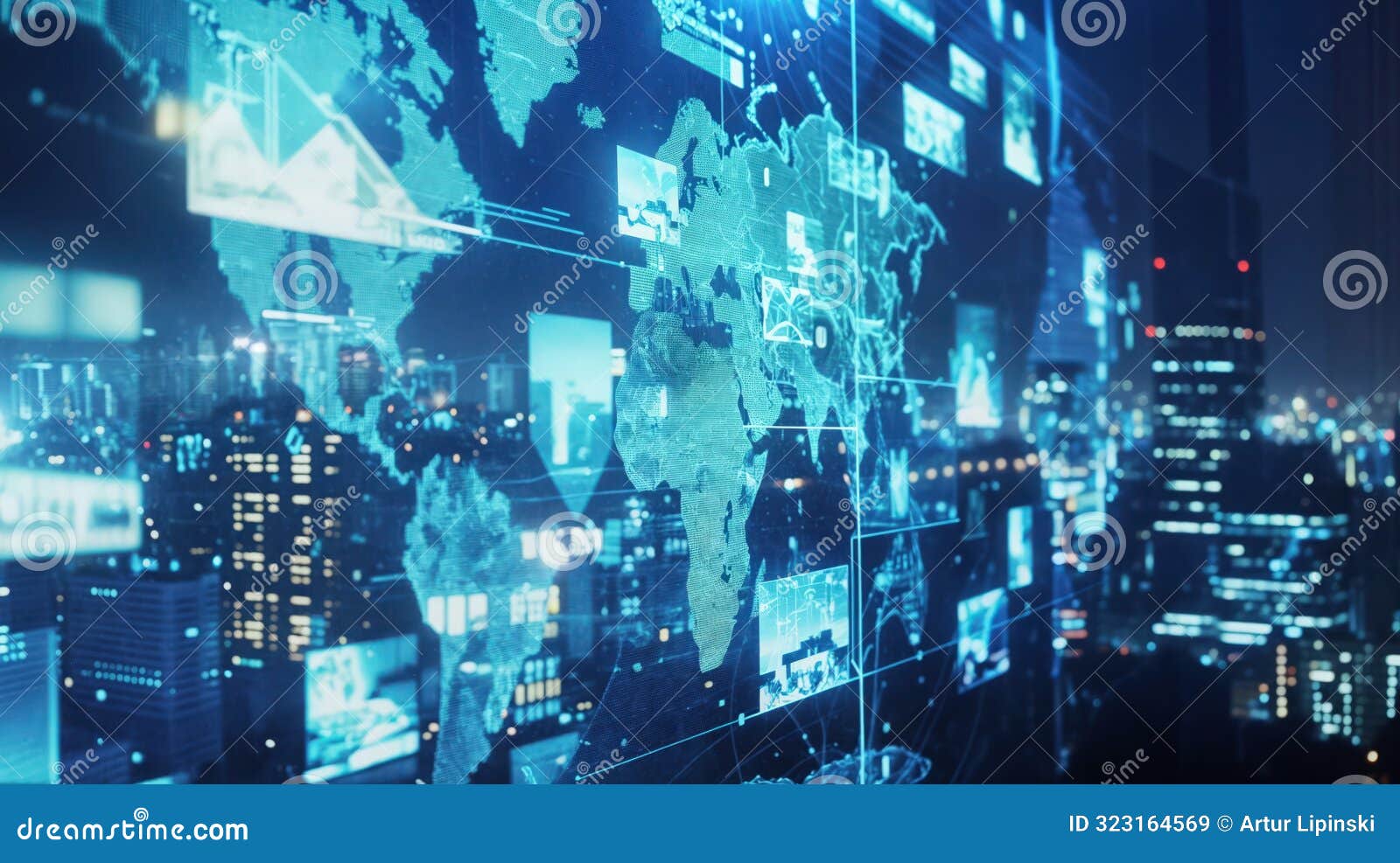World Map with Digital Overlays Displayed Over a City at Night Stock ...