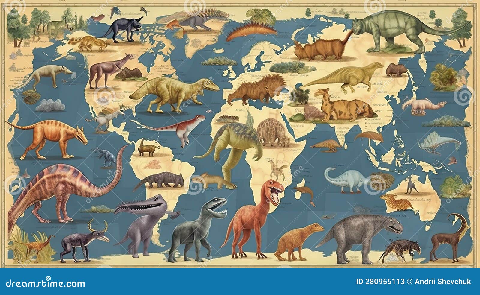 World Map Dinosaur Age Background. Generative AI Stock Illustration ...