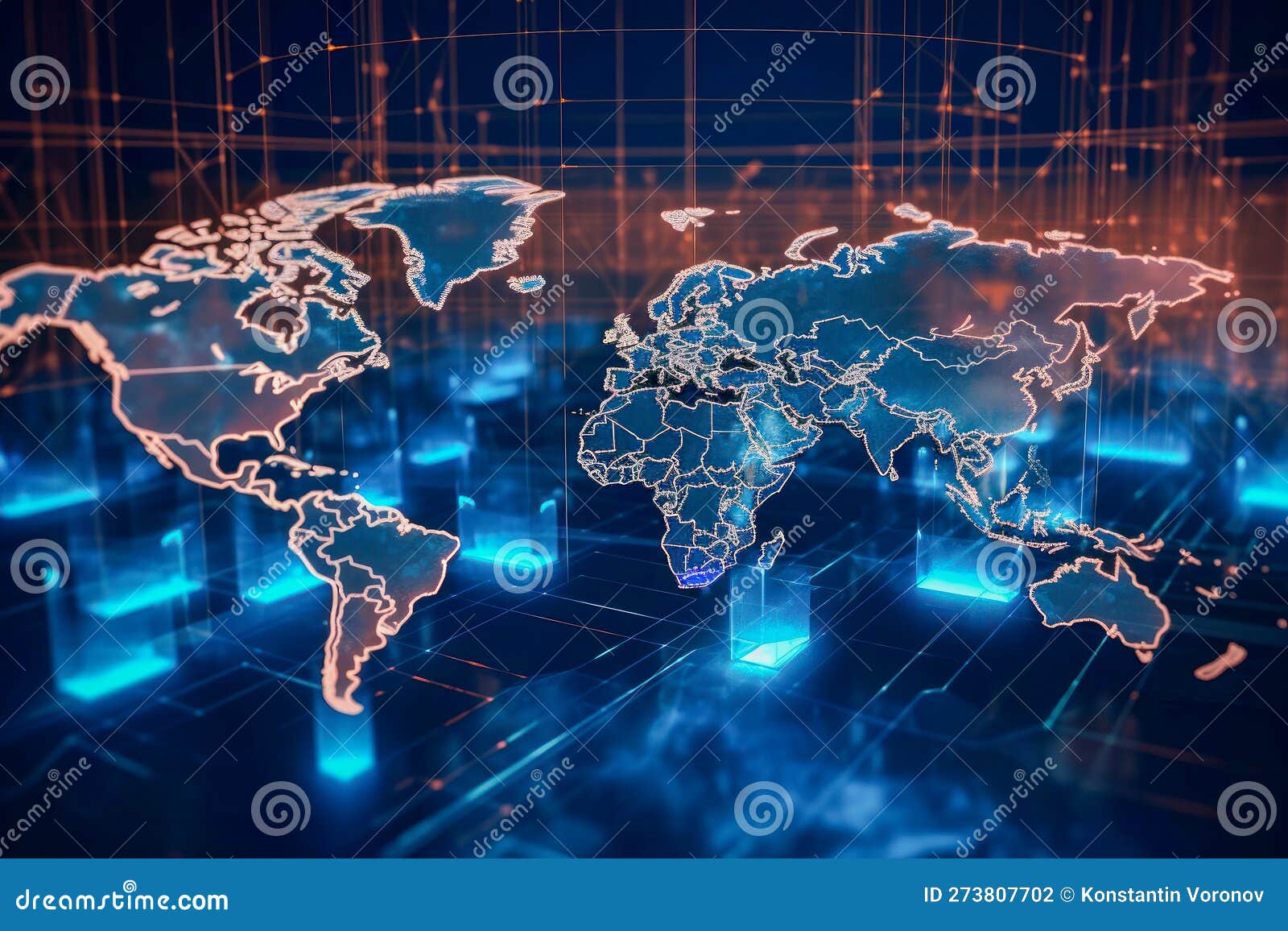 World Map Displayed in a Digital Cyberspace Environment with Blue ...