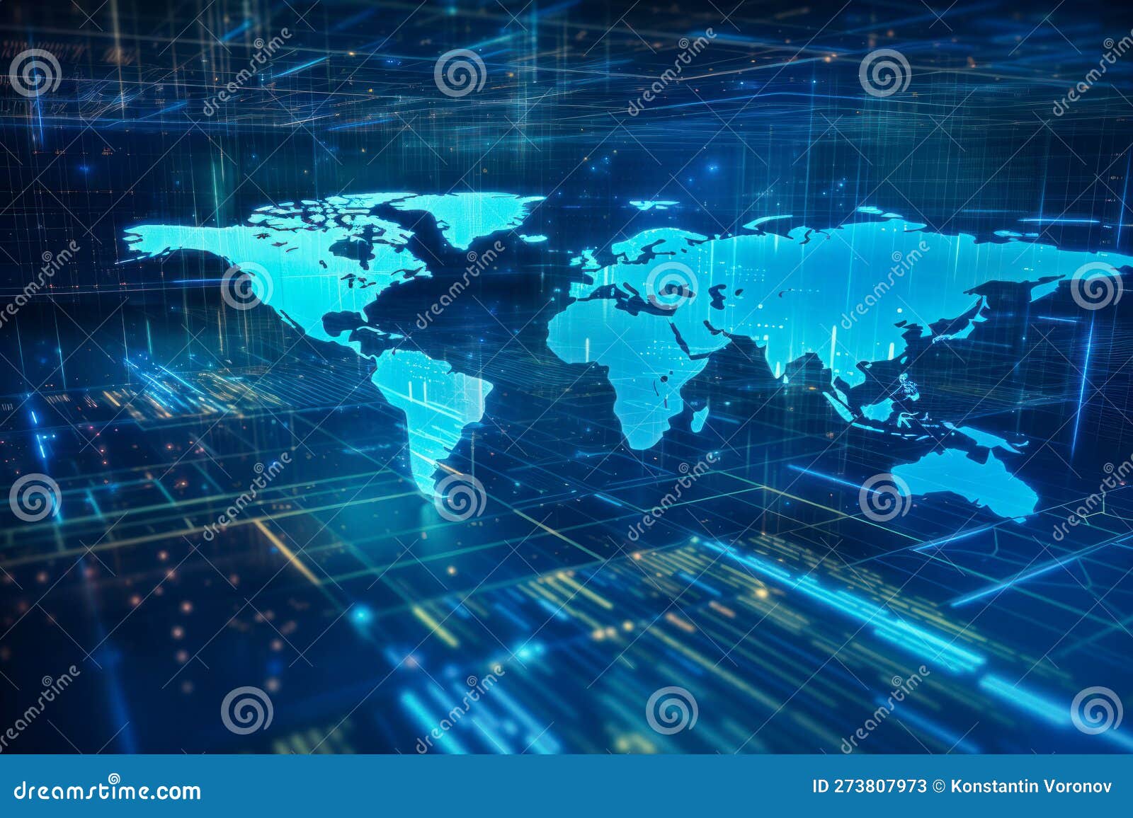World Map Displayed in a Digital Cyberspace Environment with Blue ...