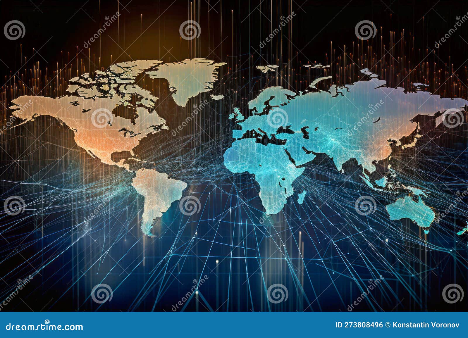 World Map Displayed in a Digital Cyberspace Environment with Blue ...
