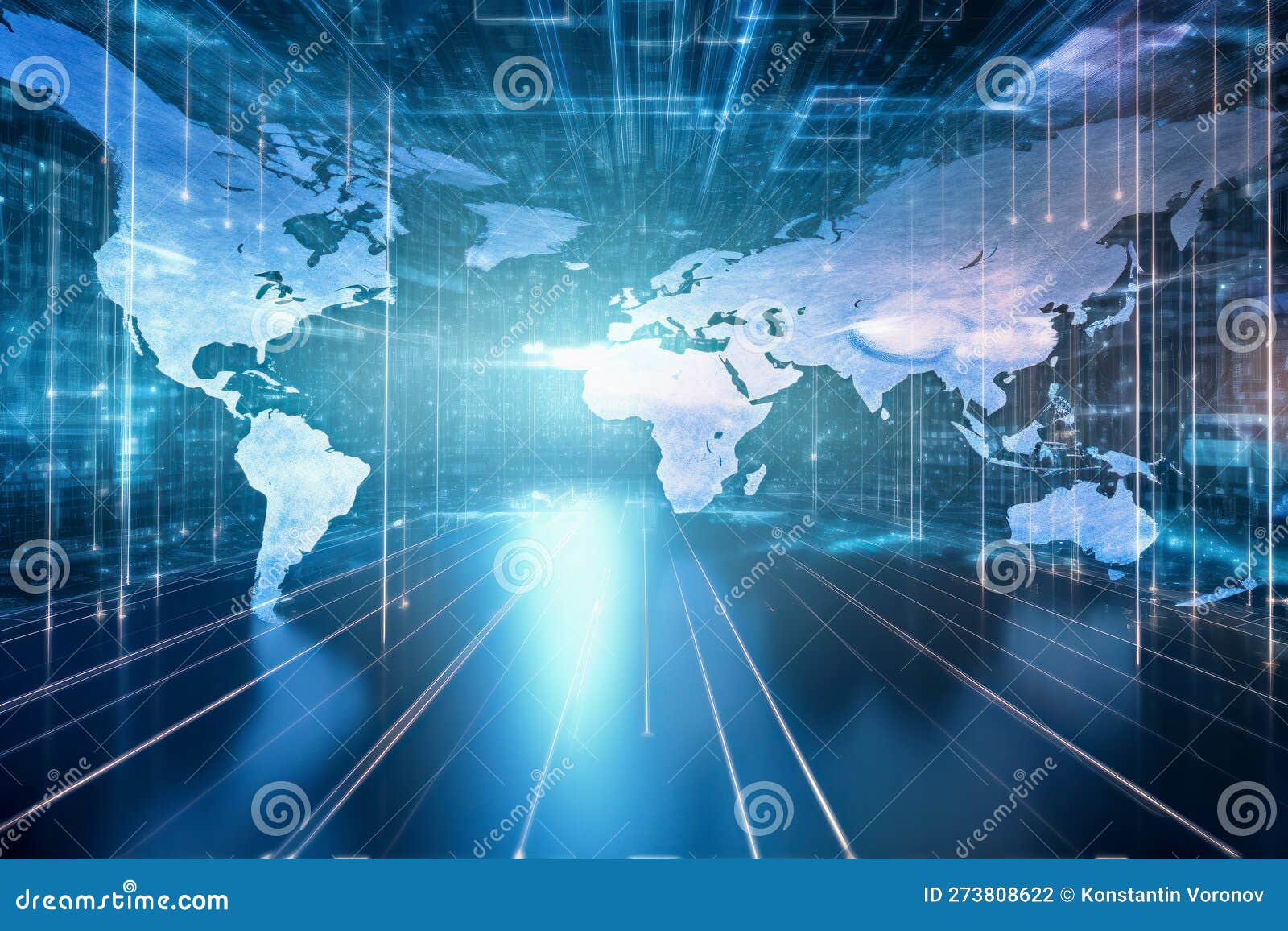 World Map Displayed in a Digital Cyberspace Environment with Blue ...
