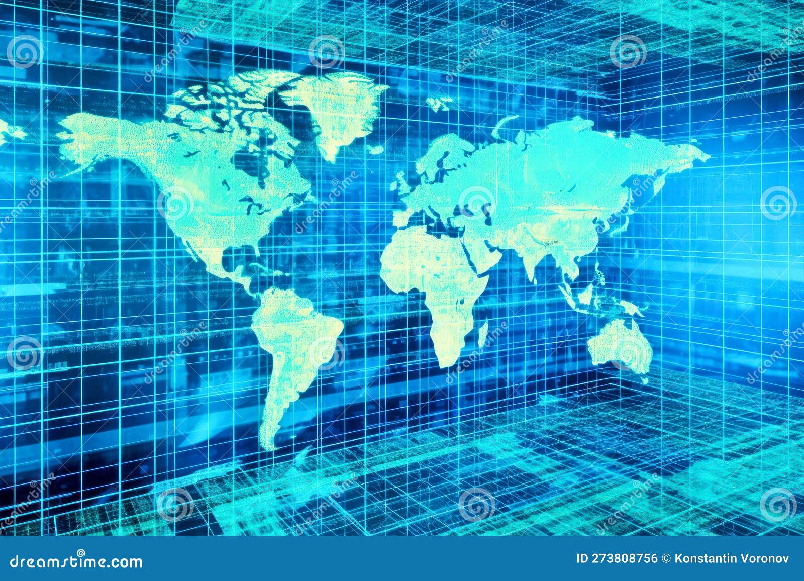 World Map Displayed in a Digital Cyberspace Environment with Blue ...