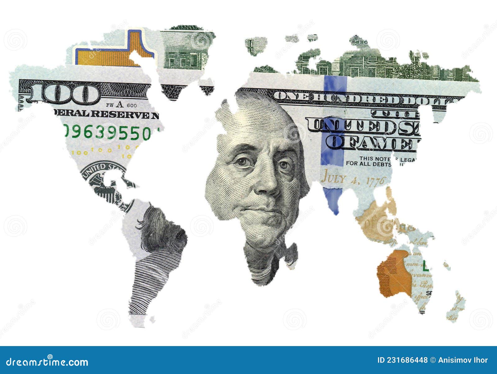 World Map. 100 Dollars Texture. White Background Stock Photo ...