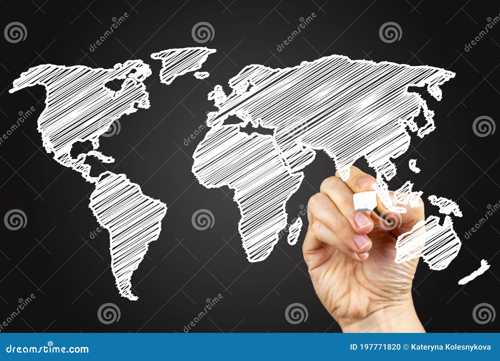 World Map. Doodle Drawing on a Blackboard, Written with White Chalk ...