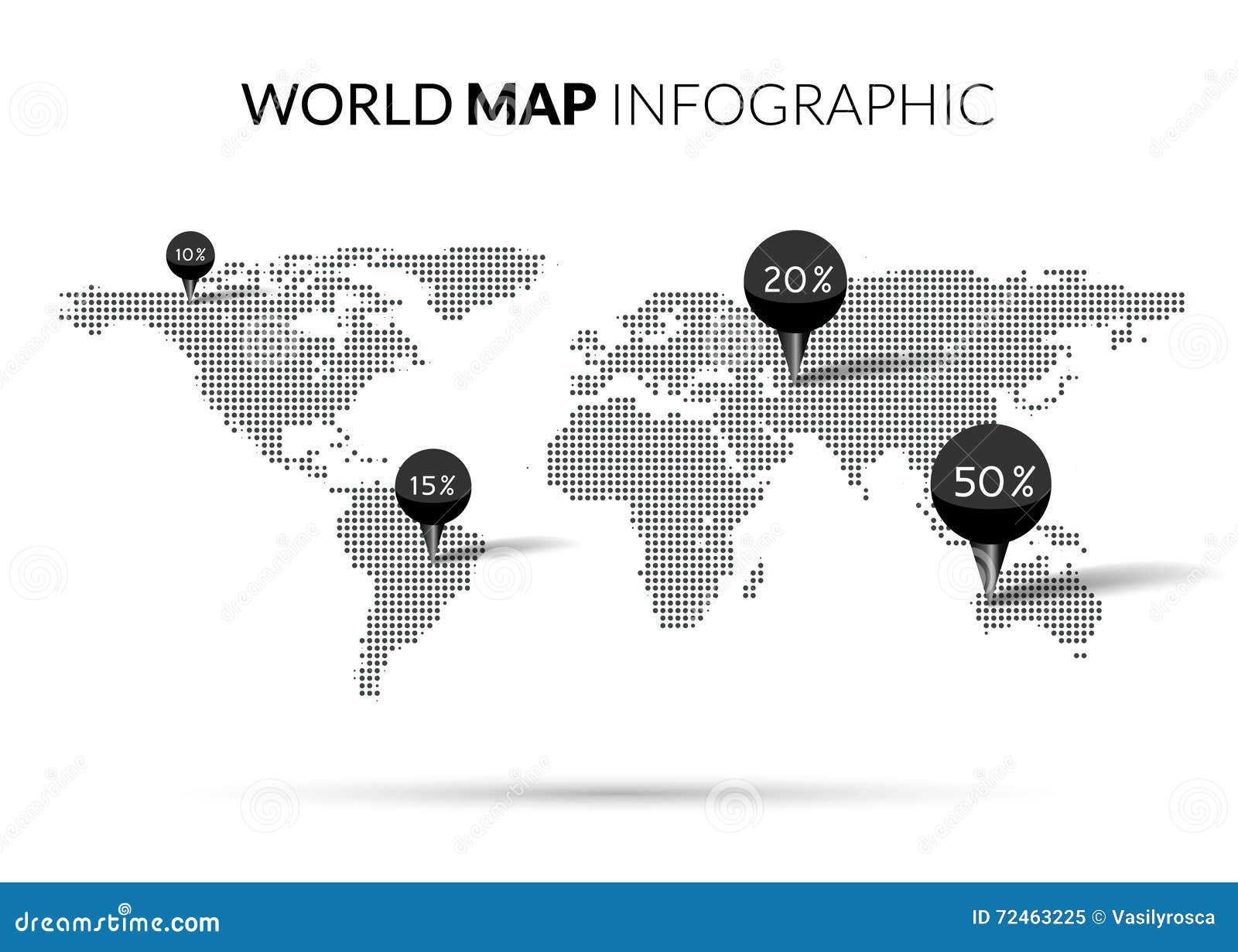 World Map Dot Illustration Infographics with Points Pins and Percentage ...