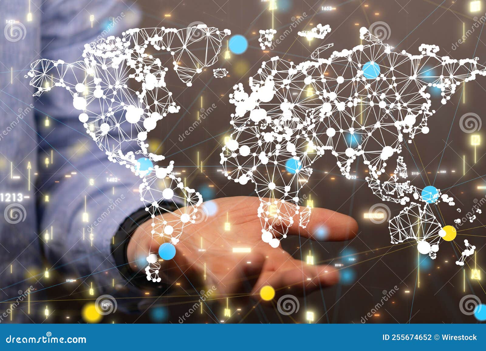 World Map with Dots Hovering Above the Person S Hand. Stock ...