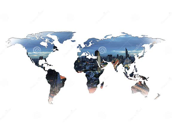 World Map Double Exposure Concept Stock Image - Image of building ...