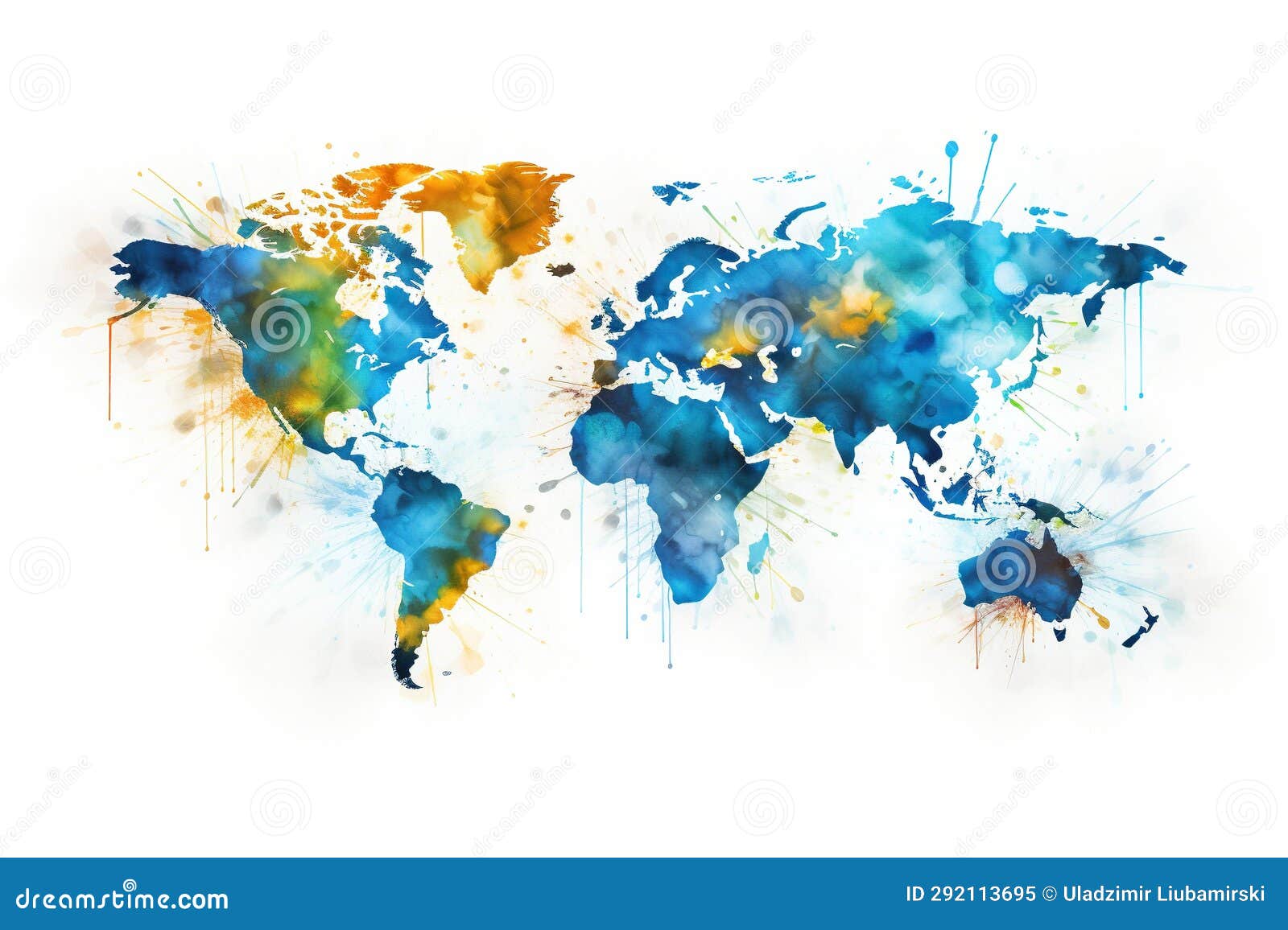 World Map Drawing in Watercolor. Multicolored World Map on White ...