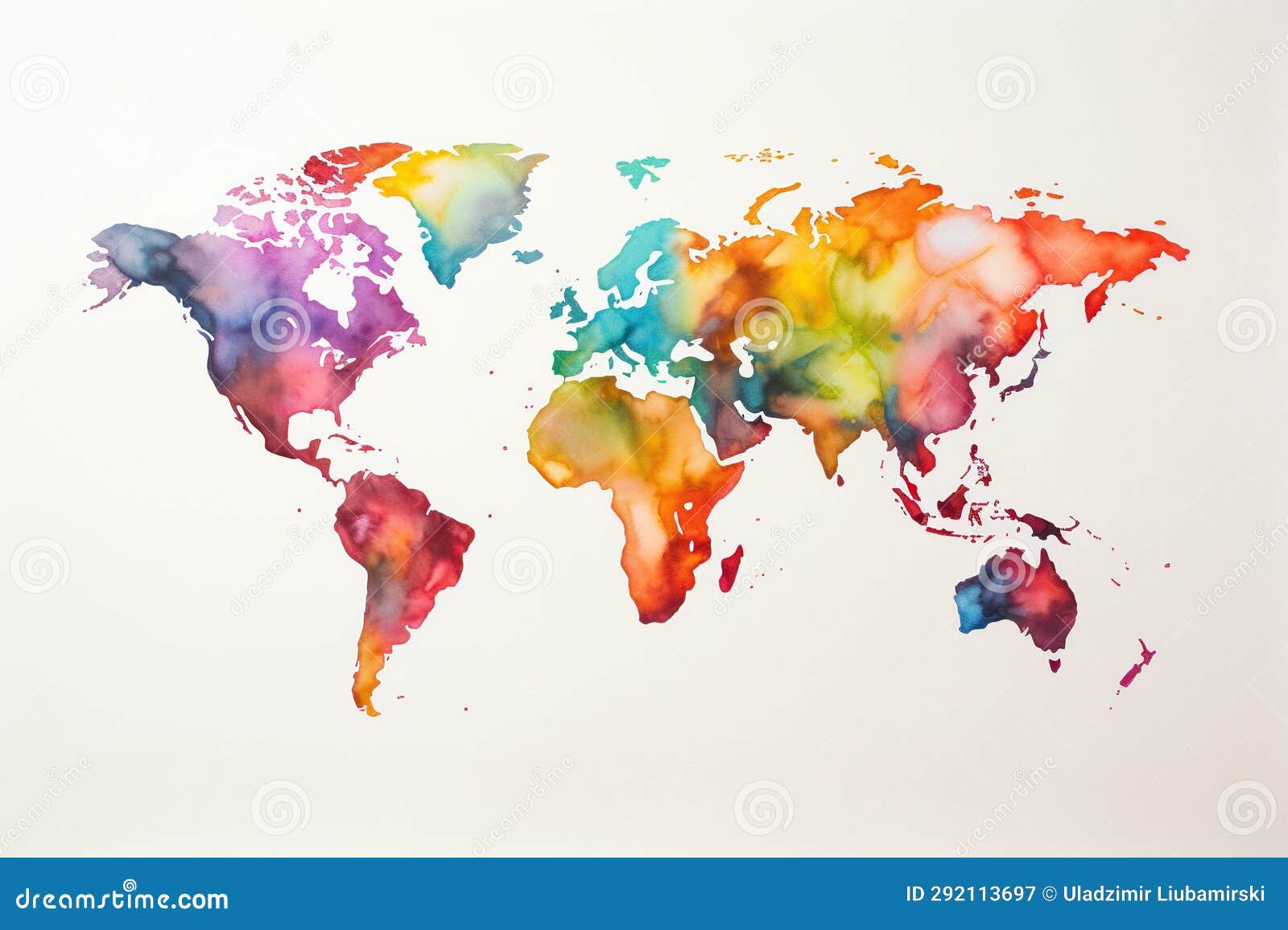 World Map Drawing in Watercolor. Multicolored World Map on White ...