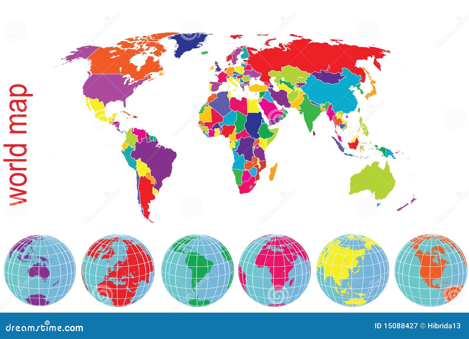 World Map and Earth Globes in Bright Tones Stock Illustration ...