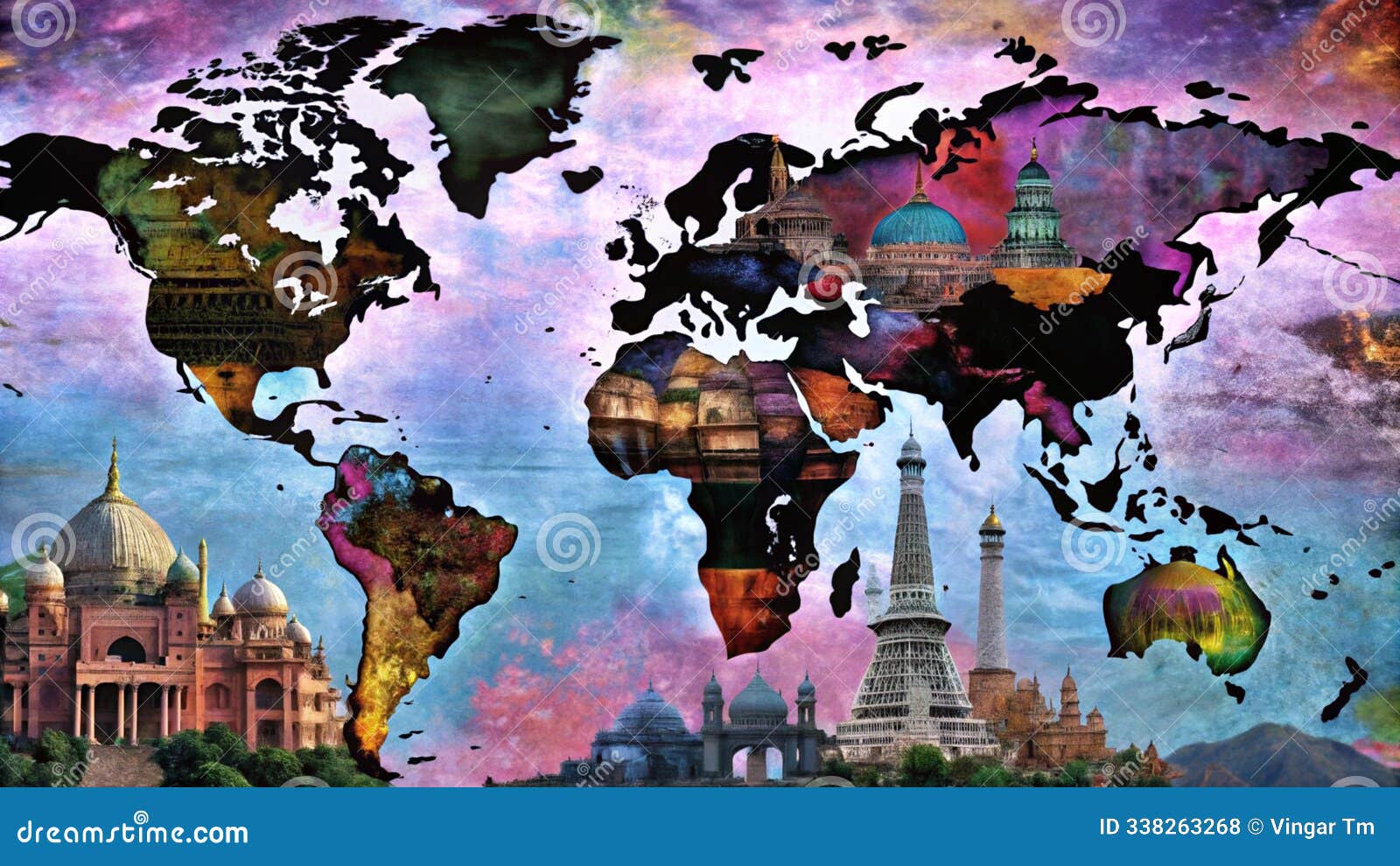 A World Map with Famous Landmarks from Around the Globe Arranged Inside ...