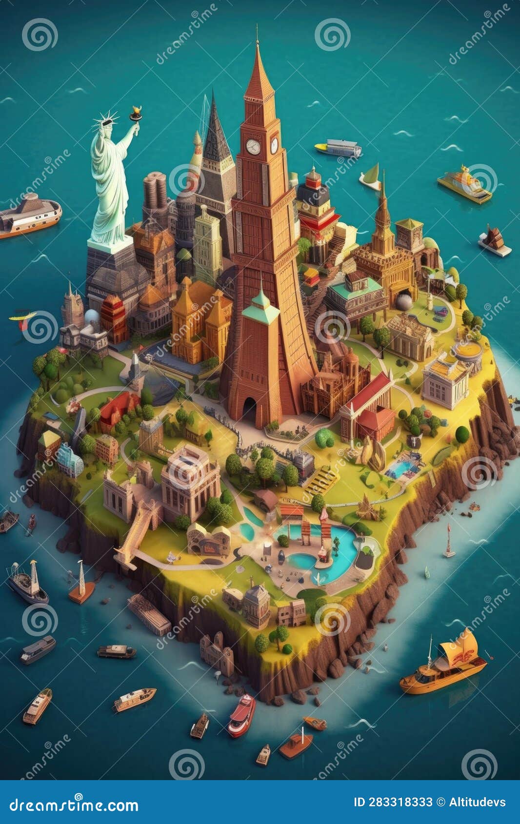 World Map with Famous Landmarks As Location Pins Stock Image - Image of ...