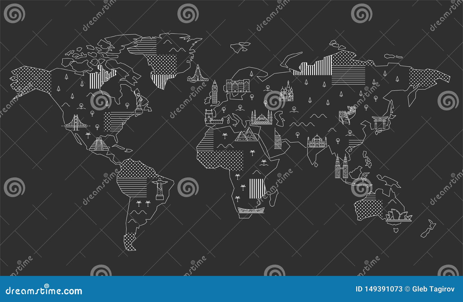 World Map with Famous Landmarks. Stock Vector - Illustration of graphic ...