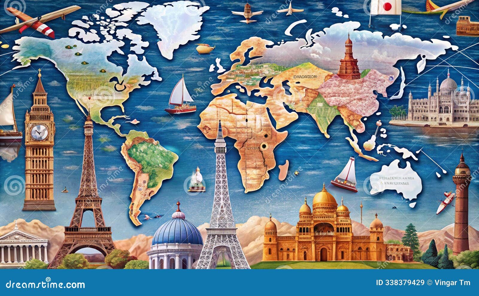World Map with Famous Landmarks and Travel Elements Stock Image - Image ...