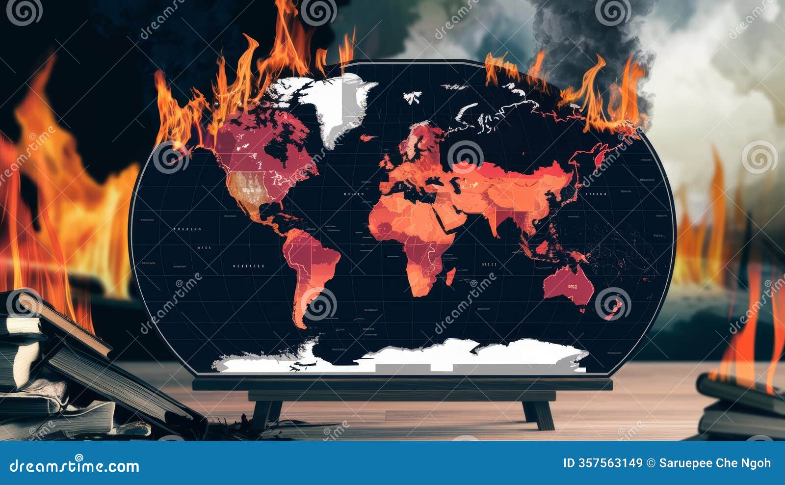 World Map on Fire Symbolizing Global Climate Crisis and Environmental ...