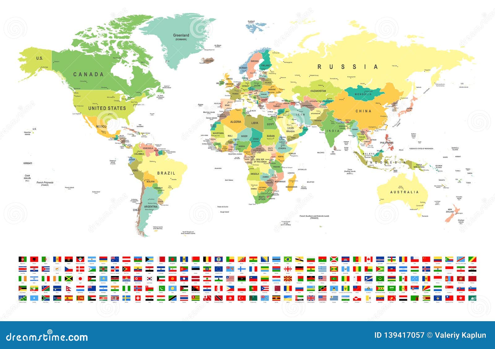 World Map and Flags - Borders, Countries and Cities -illustration Stock ...