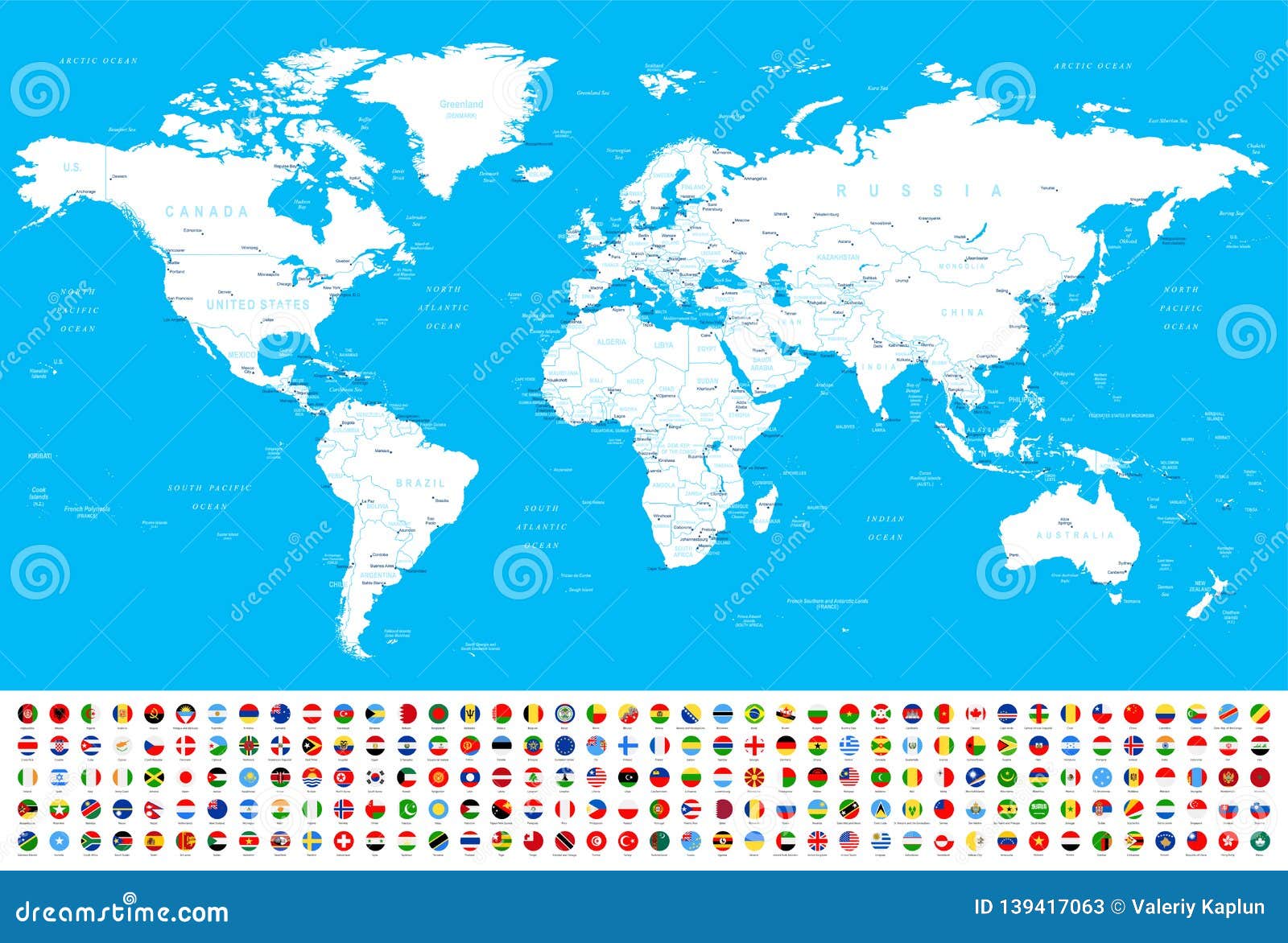 World Map and Flags - Borders, Countries and Cities -illustration Stock ...