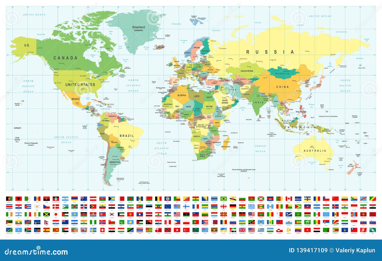 World Map and Flags - Borders, Countries and Cities -illustration Stock ...