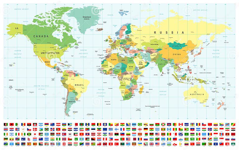 World Map and Flags - Borders, Countries and Cities -illustration Stock ...