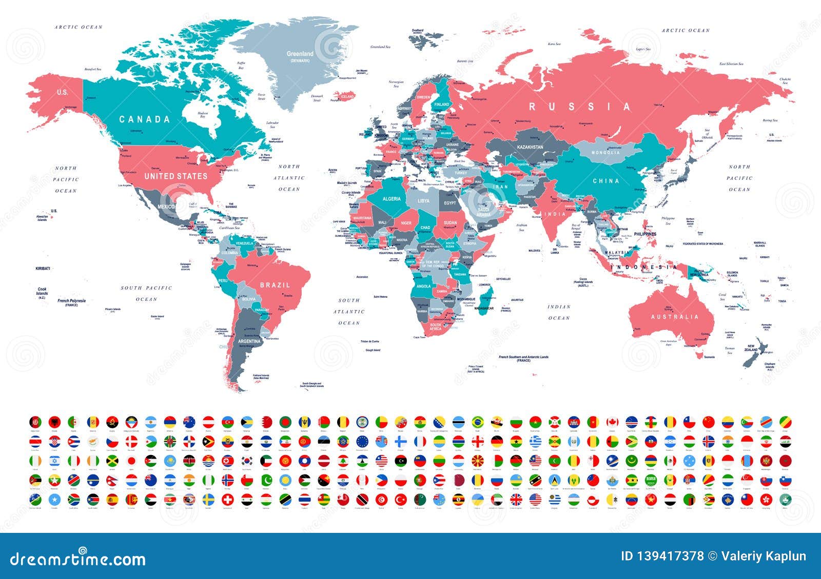 World Map and Flags - Borders, Countries and Cities -illustration Stock ...