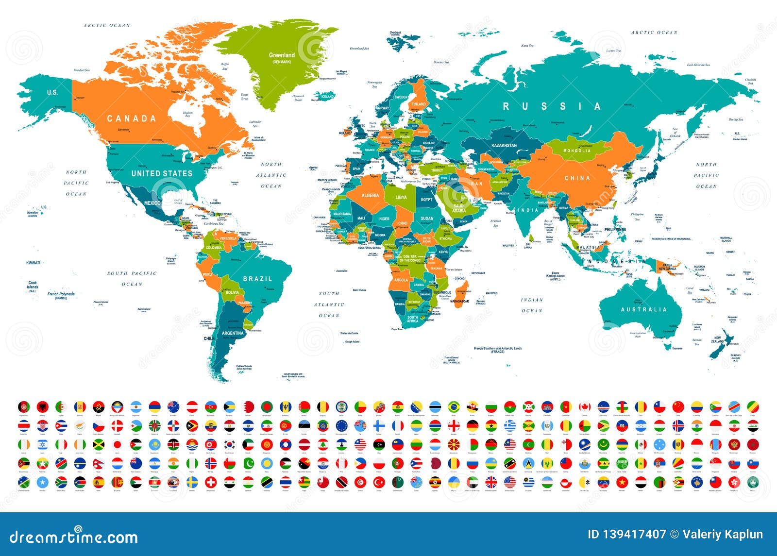 World Map and Flags - Borders, Countries and Cities -illustration Stock ...