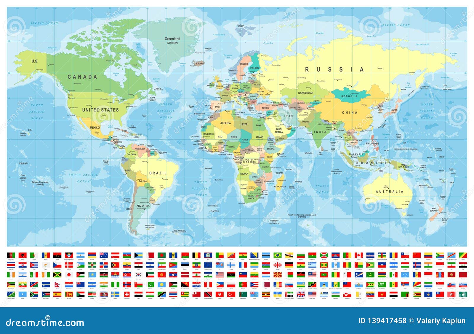 World Map and Flags - Borders, Countries and Cities -illustration Stock ...
