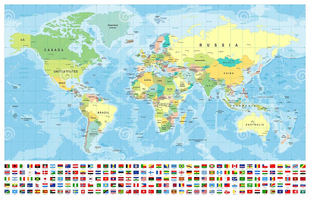 World Map and Flags - Borders, Countries and Cities -illustration Stock ...