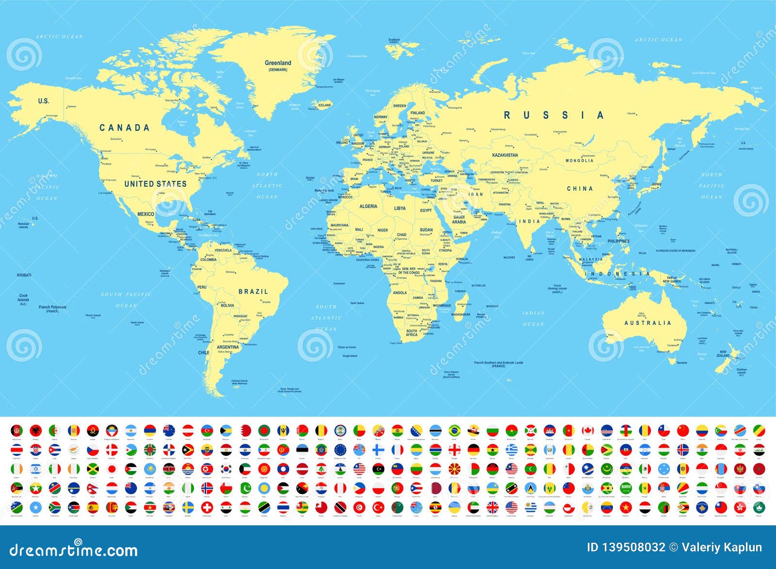 World Map and Flags - Borders, Countries and Cities -illustration Stock ...