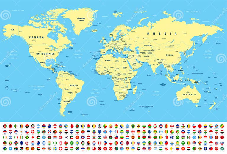 World Map and Flags - Borders, Countries and Cities -illustration Stock ...