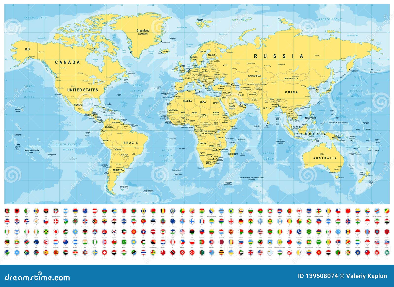 World Map and Flags - Borders, Countries and Cities -illustration Stock ...