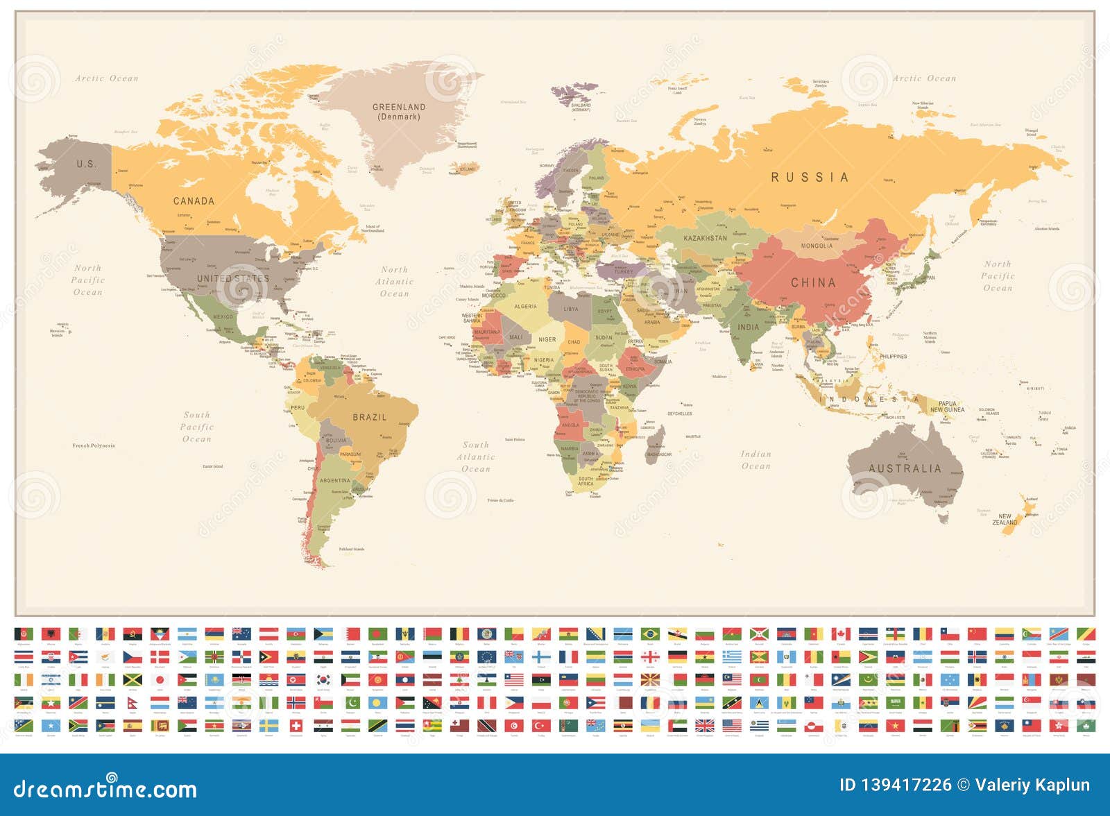 World Map and Flags - Borders, Countries and Cities - Vintage ...