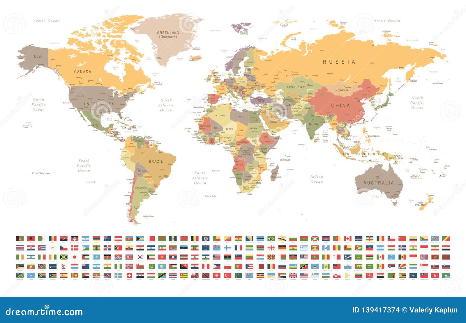 World Map and Flags - Borders, Countries and Cities - Vintage ...