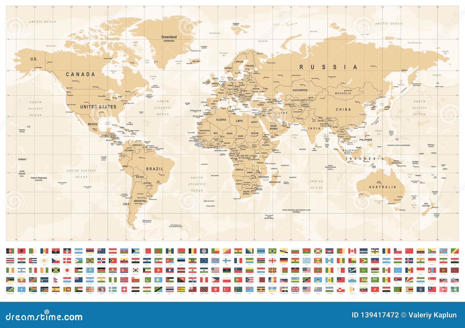World Map and Flags - Borders, Countries and Cities - Vintage ...