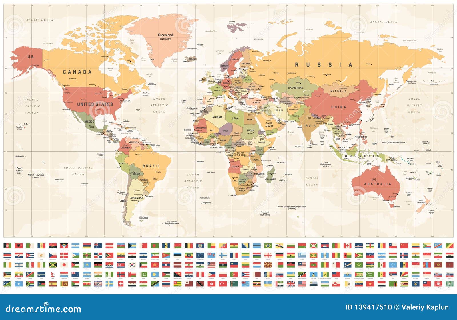 World Map and Flags - Borders, Countries and Cities - Vintage ...