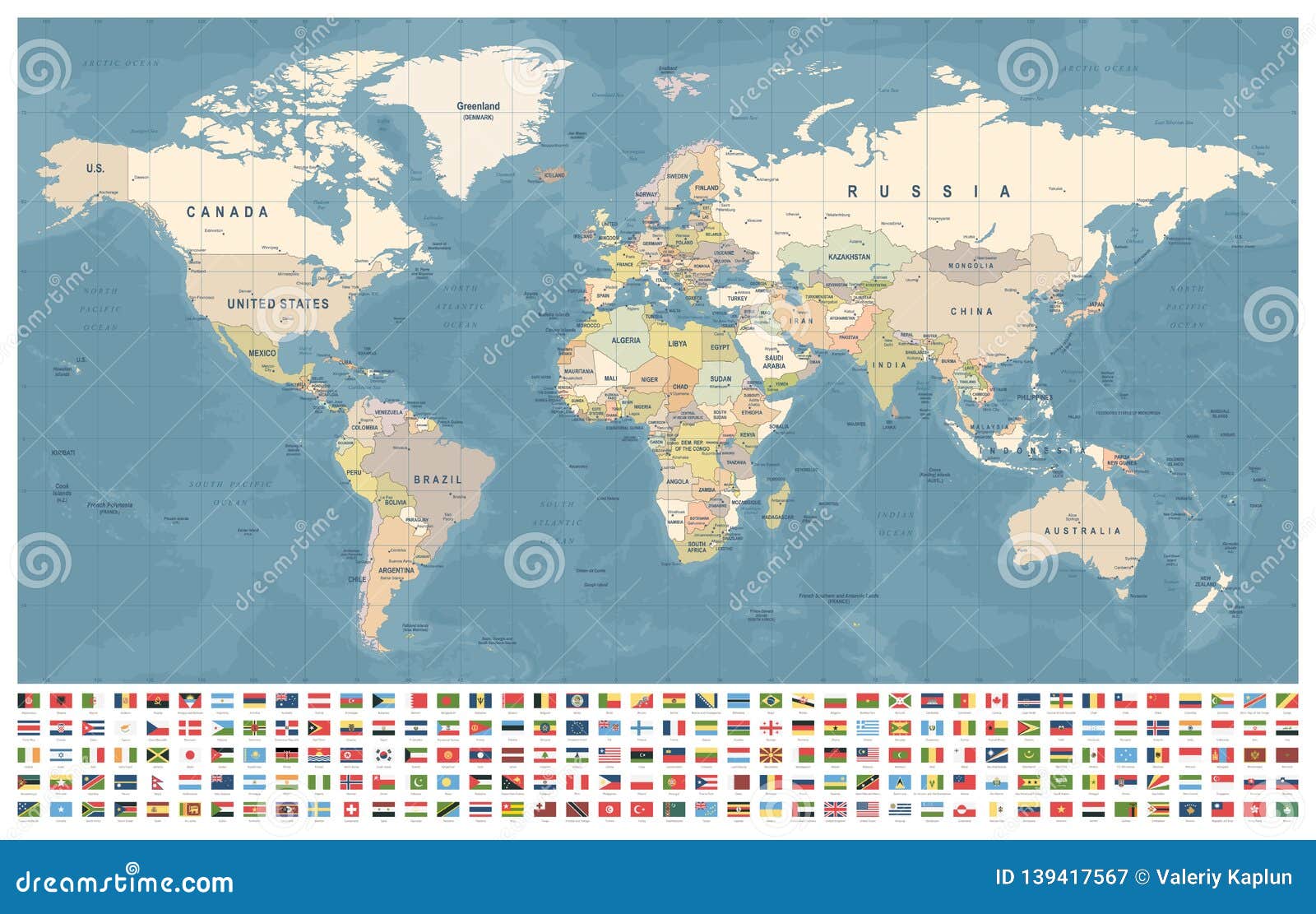 World Map and Flags - Borders, Countries and Cities - Vintage ...