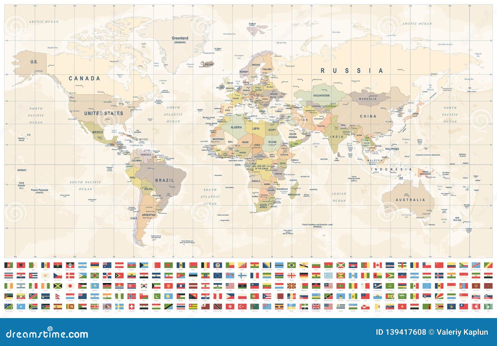 World Map and Flags - Borders, Countries and Cities - Vintage ...
