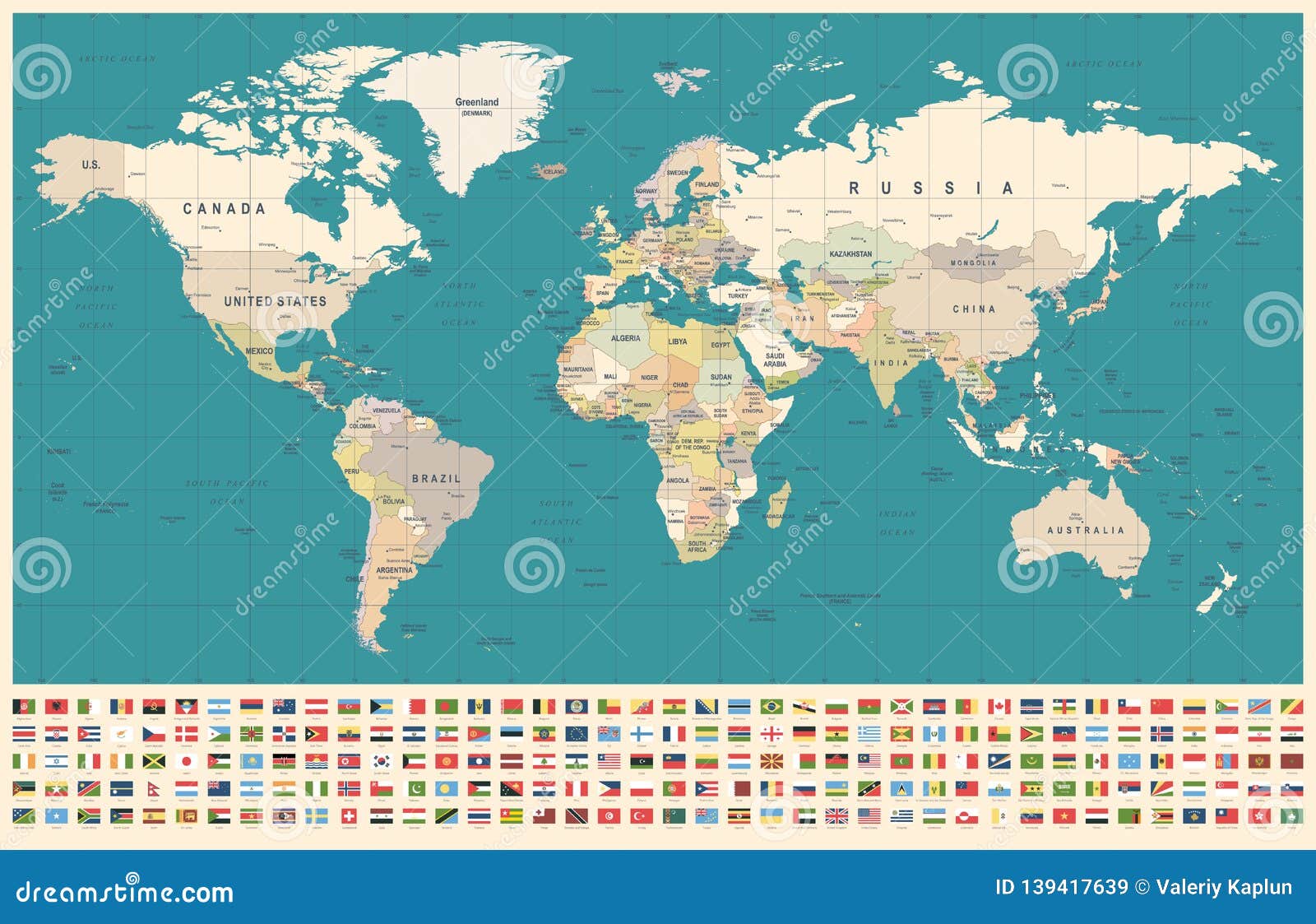 World Map and Flags - Borders, Countries and Cities - Vintage ...