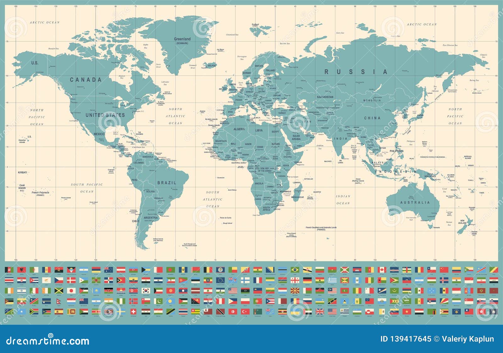 World Map and Flags - Borders, Countries and Cities - Vintage ...