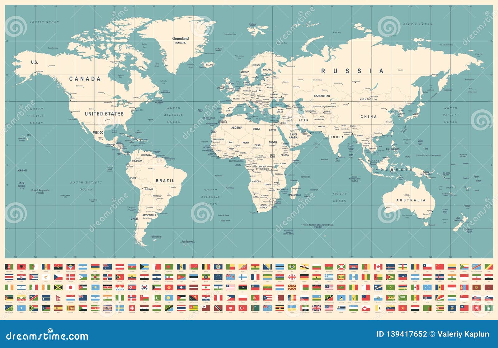 World Map and Flags - Borders, Countries and Cities - Vintage ...
