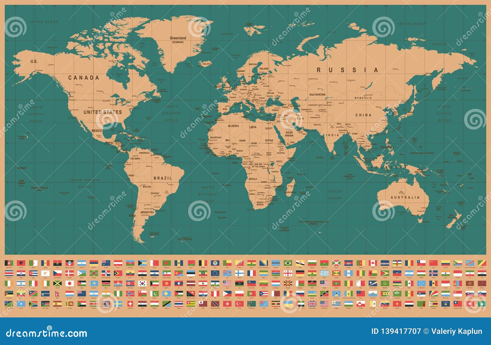 World Map and Flags - Borders, Countries and Cities - Vintage ...