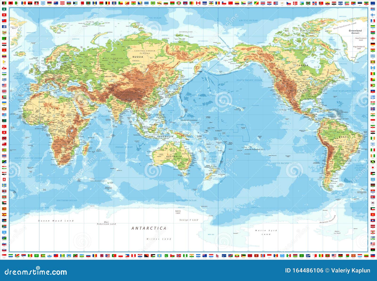 World Map and Flags - Pacific View - Physical Topographic - Vector ...