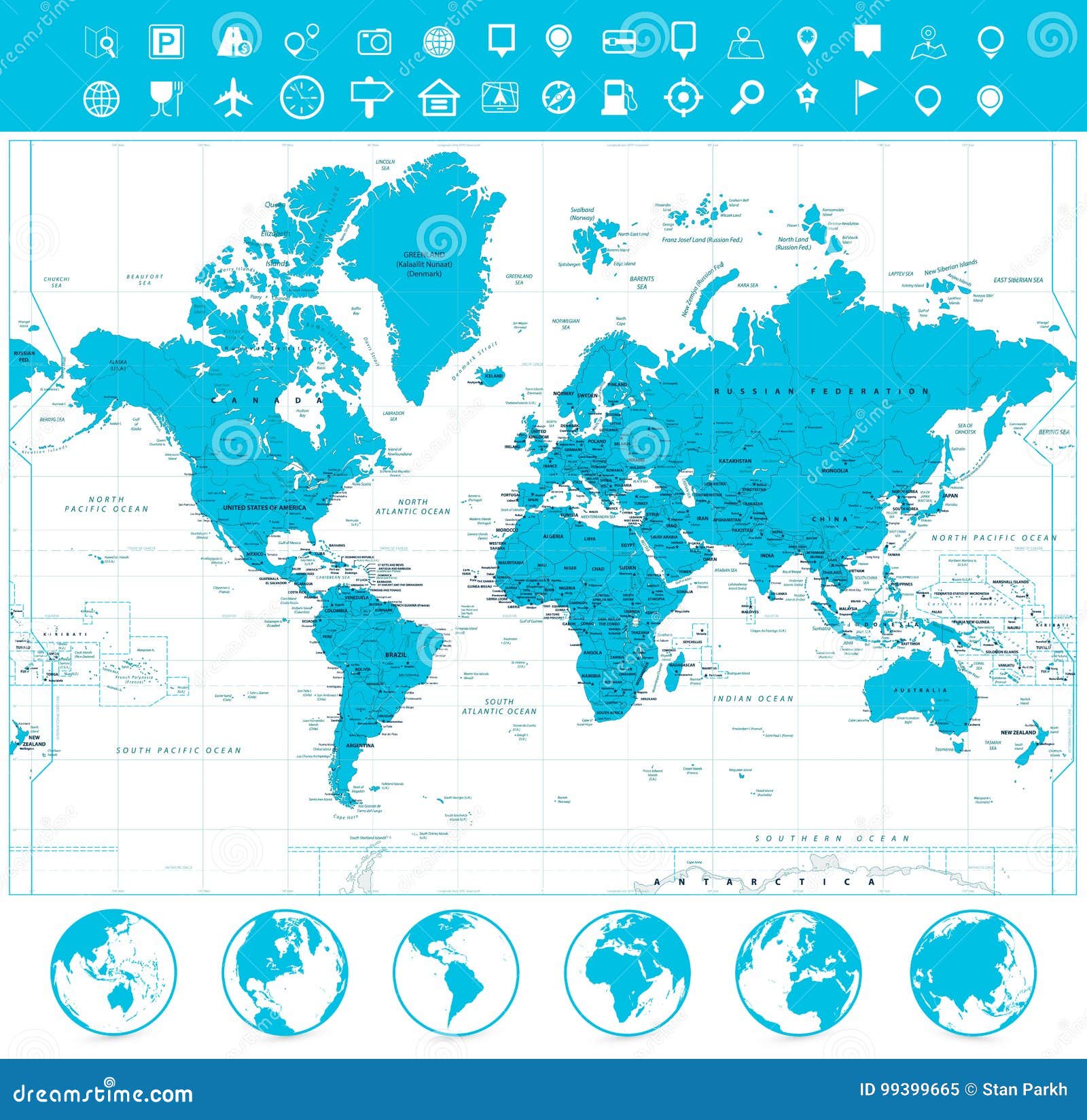 World Map and Flat Globes with Labeling Stock Vector - Illustration of ...