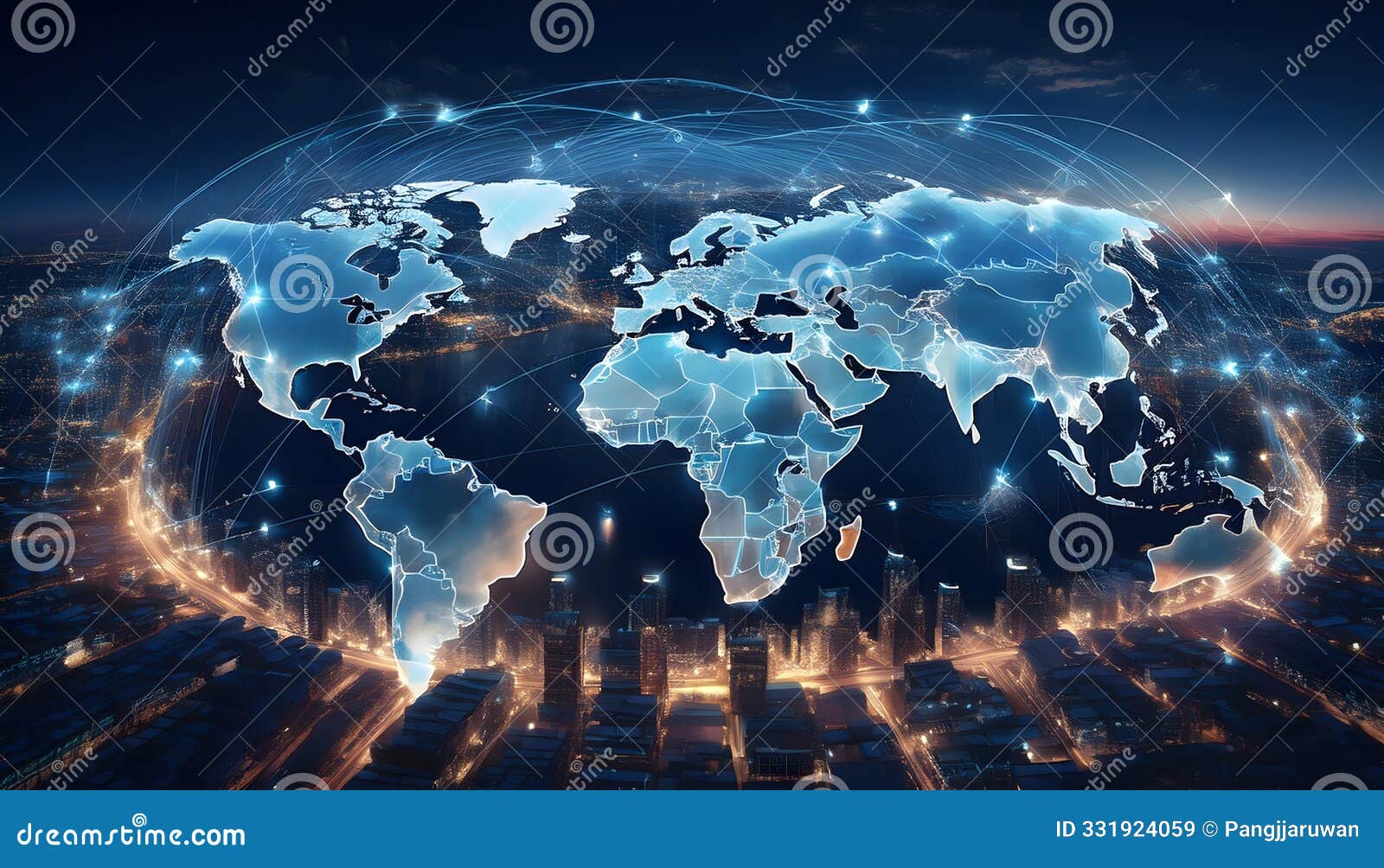 World Map with Flight Paths and Connected Cities Over Modern City at ...